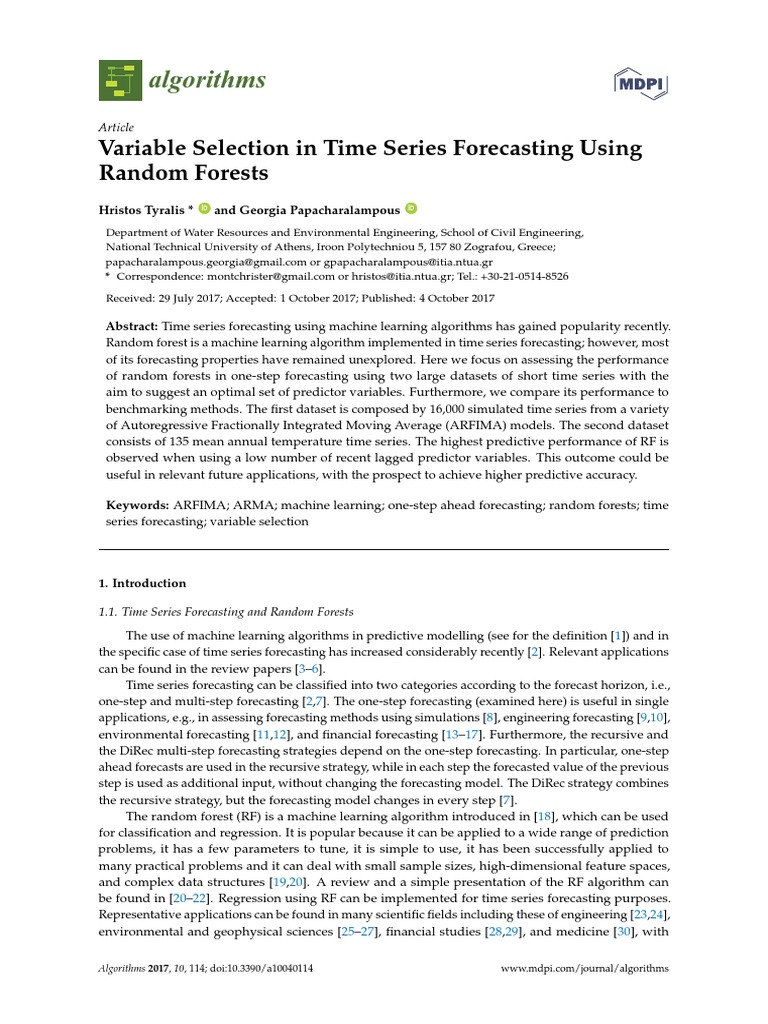 Algorithms Variable Selection In Time Series Forecasting Using Random Forests Pdf Time 0543