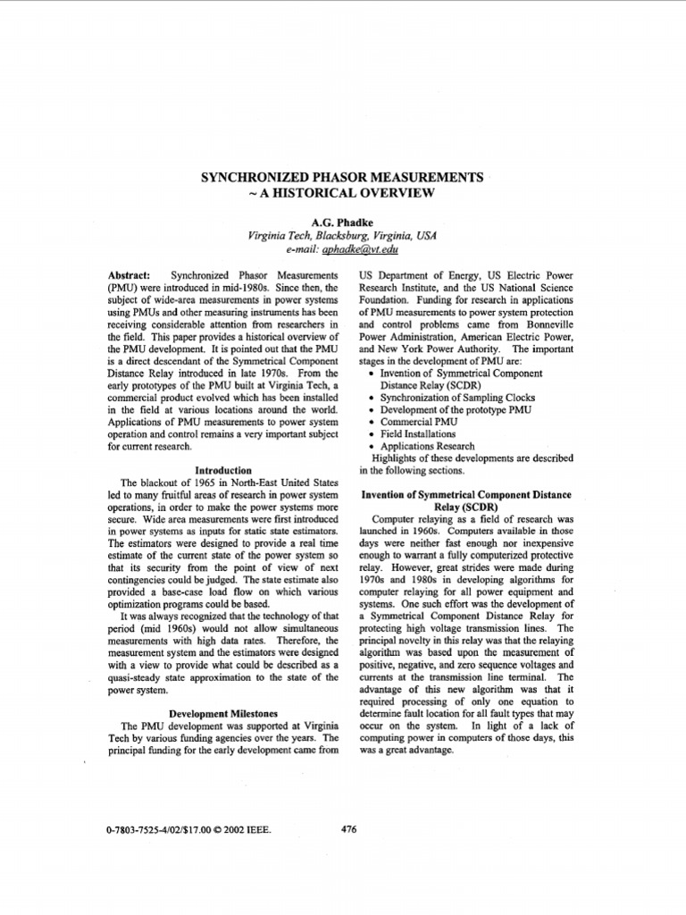 Synchronized Phasor Measurements A Historical Overview Pdf Electric Power Electronics