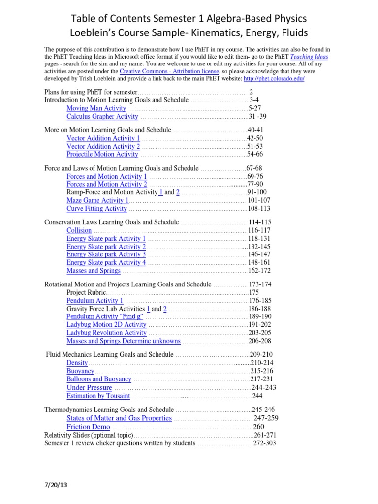 Table of Contents Semester 1 Algebra-Based Physics Loeblein’s Course ...