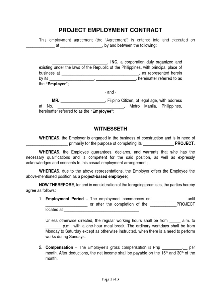 Project Employment Contract for Construction Work on the [PROJECT NAME ...