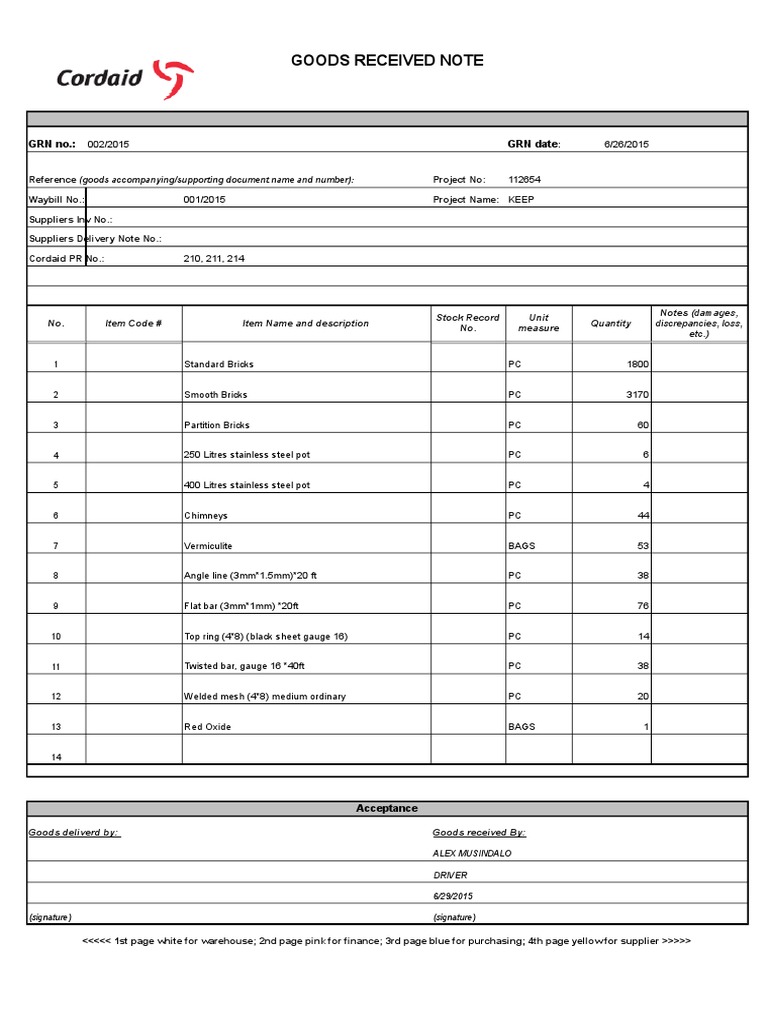 Goods Received Note, Caritas Maralal | PDF | Metals | Building Materials