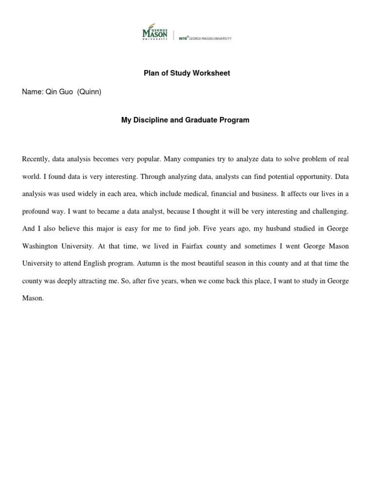 Plan Of Study Worksheet 1 Pdf Analytics Data Analysis