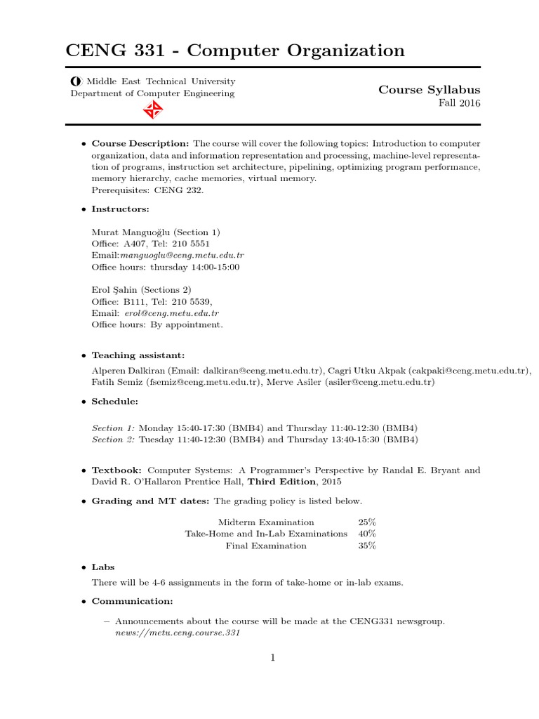 CENG 331 - Computer Organization: Course Syllabus | PDF | Computer Engineering | Computing