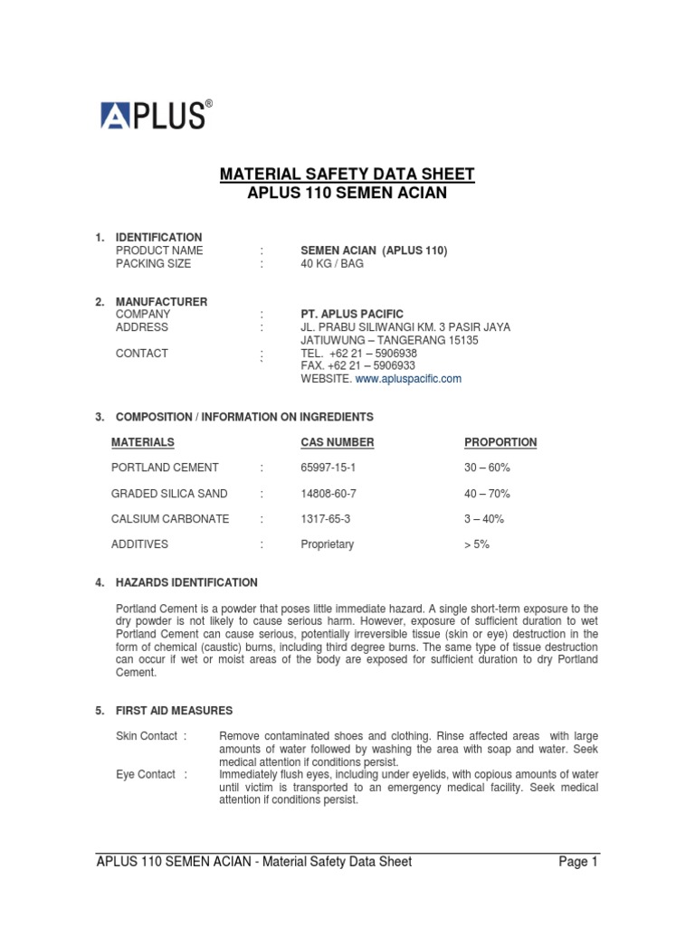 Msds Aplus 110 Semen Acian | PDF | Cement | Personal Protective Equipment