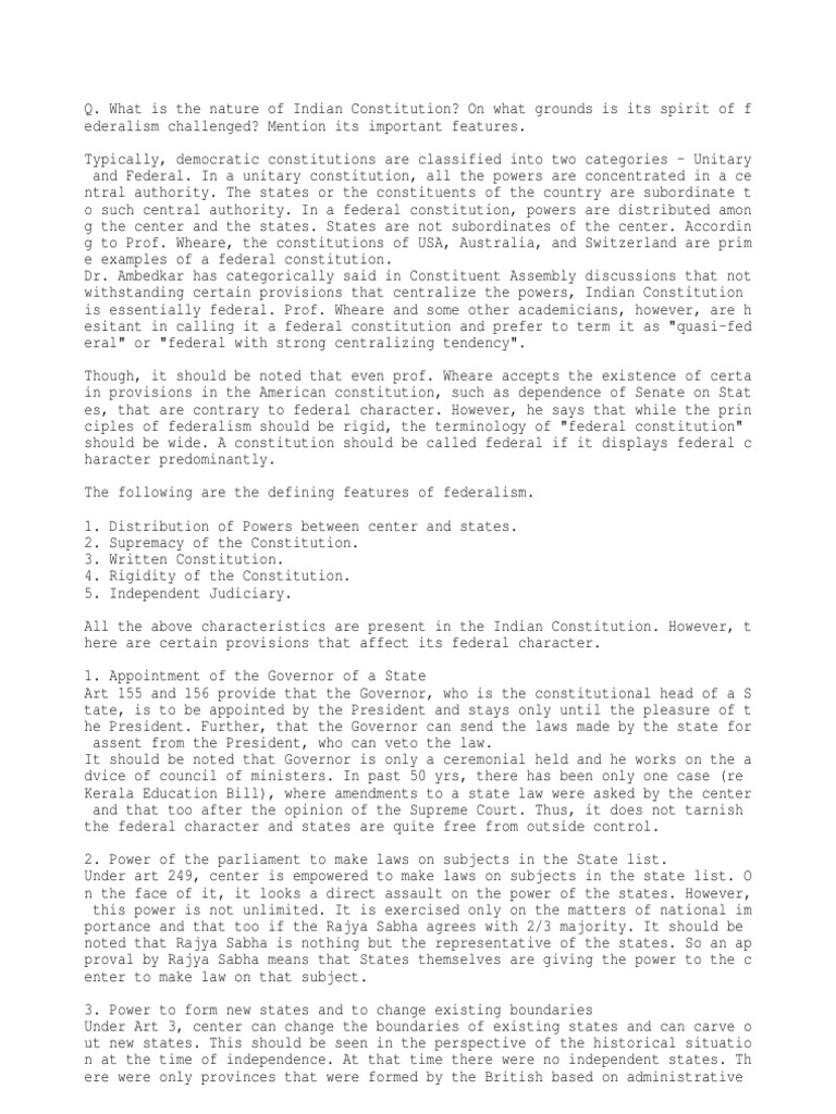 Nature of Indian Constitution | PDF | Federalism | Constitution