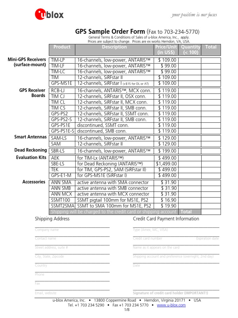 GPS Sample Order Form (: Product Description Price/Unit (In US ...