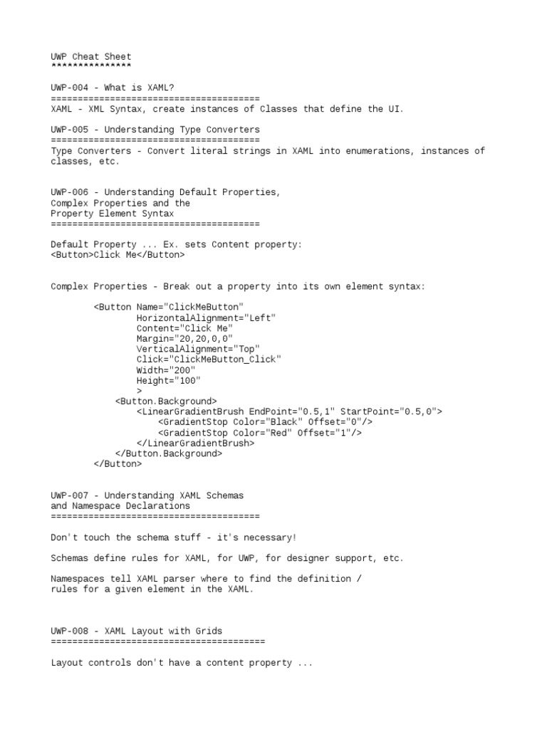 UWP Cheat Sheet | PDF | Xml Schema | Extensible Application Markup Language