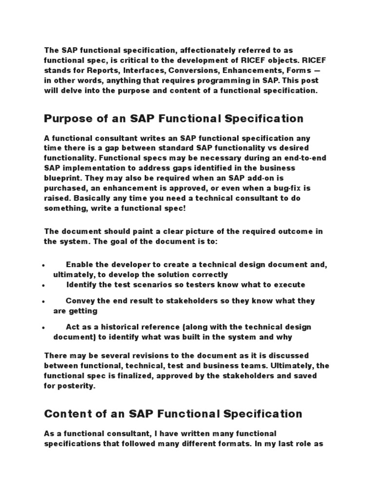 SAP Functional Specification | PDF | Specification (Technical Standard) | Debits And Credits