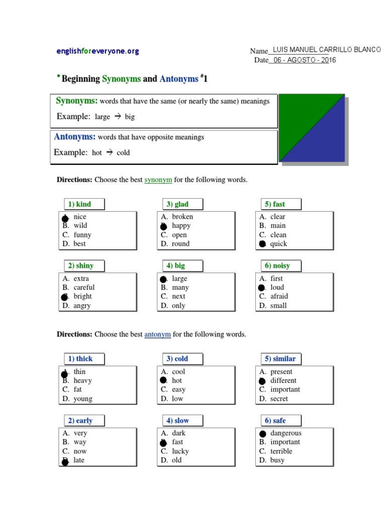 TALLER - Beginning Synonyms and Antonyms 1 | PDF