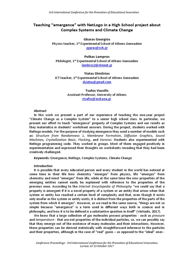 Teaching "Emergence" With NetLogo in A High School Project About ...