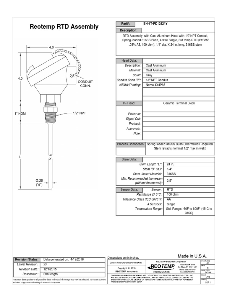 Reotemp RTD Assembly: Part#: BH-1T-PD12524Y Description | PDF ...