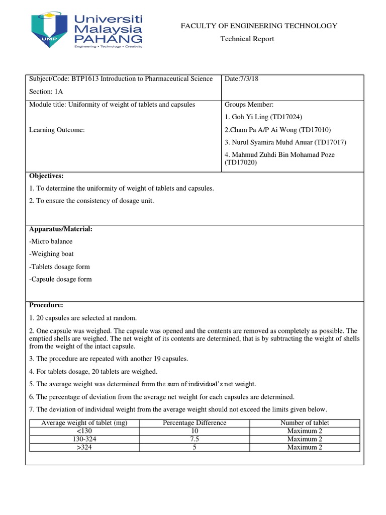 Format of Technical Report | Download Free PDF | Tablet (Pharmacy ...