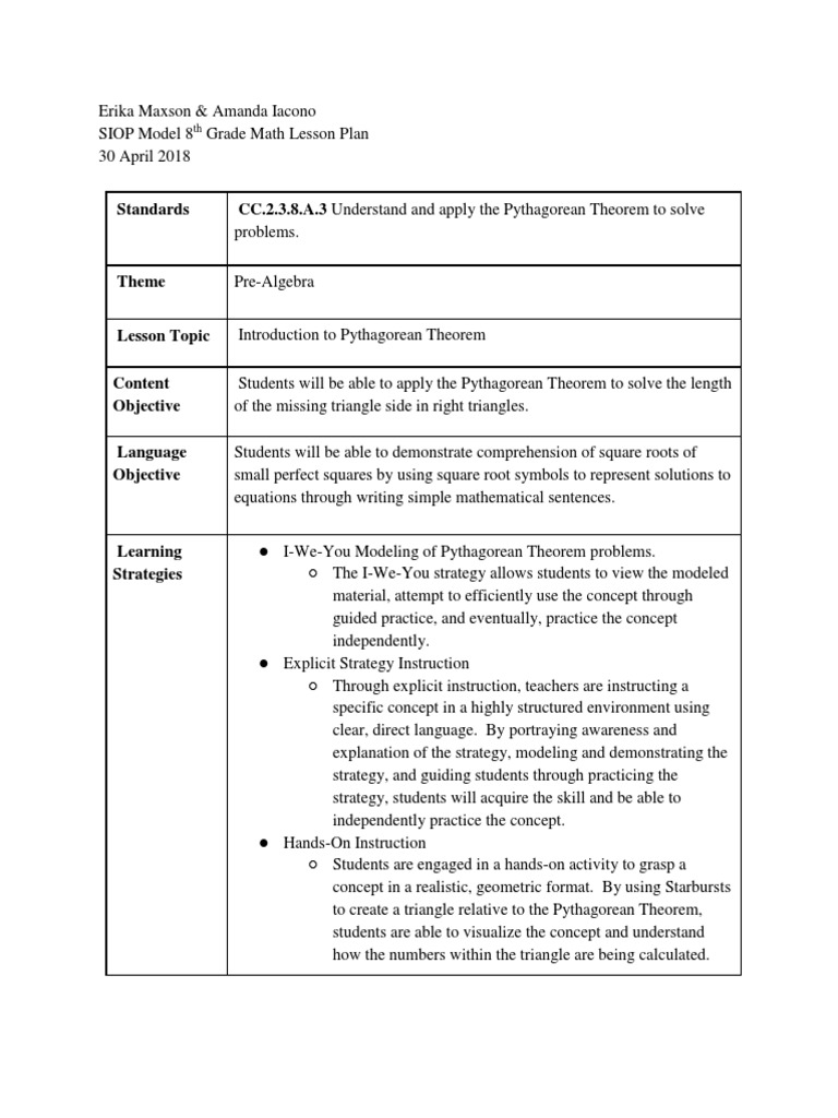 Siop Math Lesson Plan | PDF | Cognition | Behavior Modification