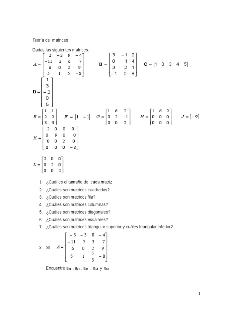 TALLER Matrices | PDF | Análisis funcional | Matriz (Matemáticas)