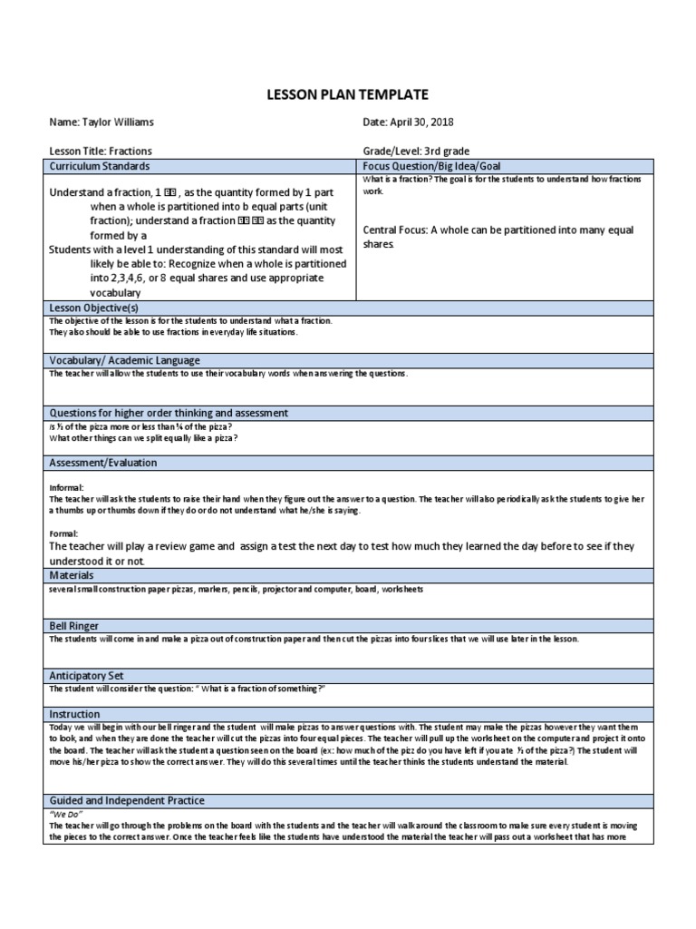 3rd Grade Fractions Lesson Plan | PDF | Educational Assessment | Lesson ...