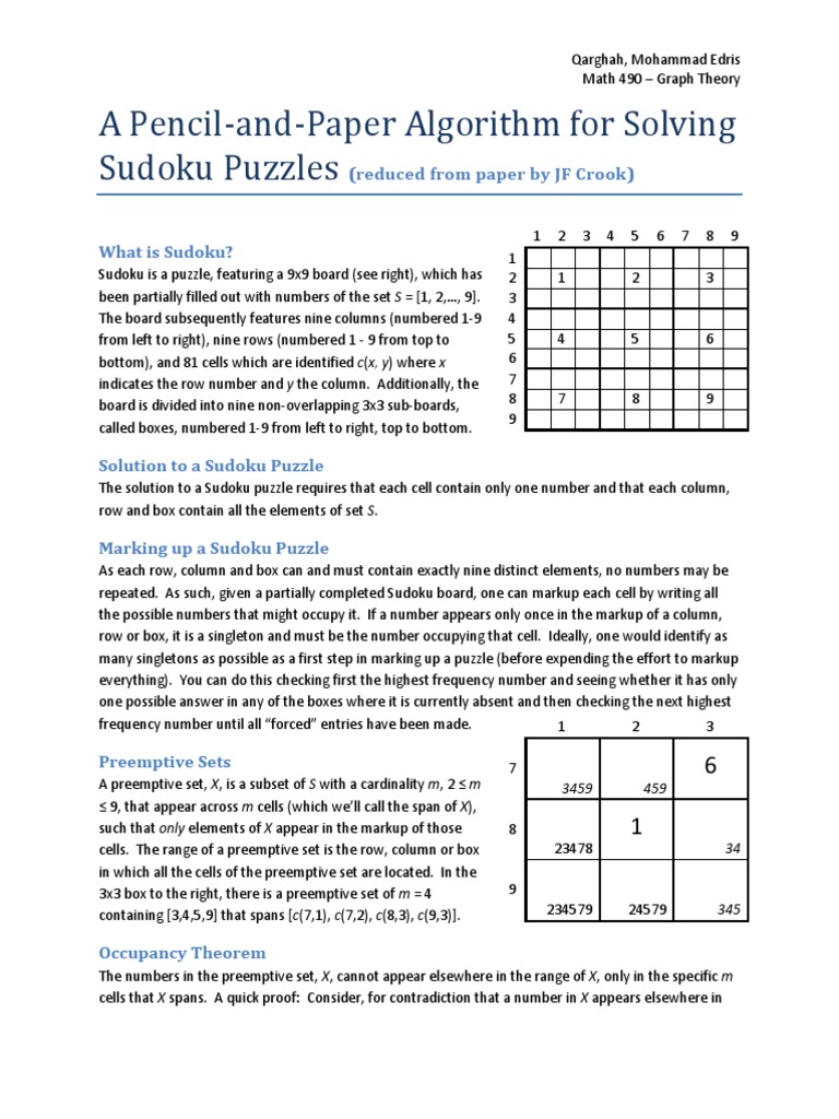 A Pencil-and-Paper Algorithm For Solving Sudoku Puzzles: (Reduced From ...