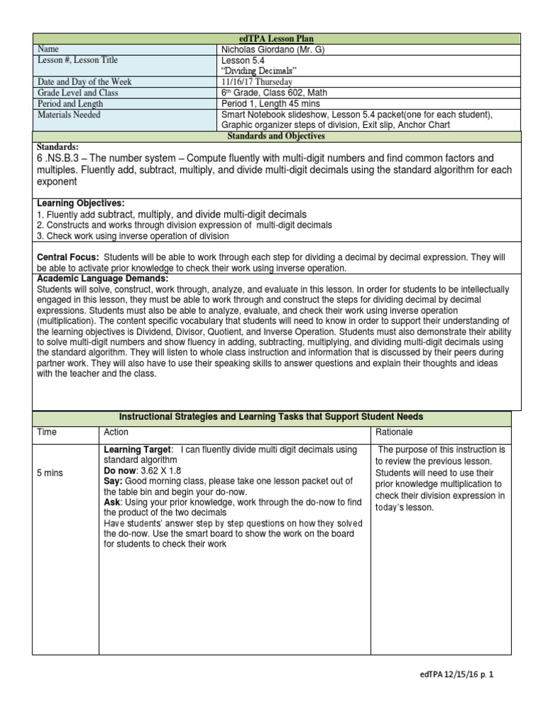 Edtpa Math Lesson One-1 | PDF | Division (Mathematics) | Behavior ...