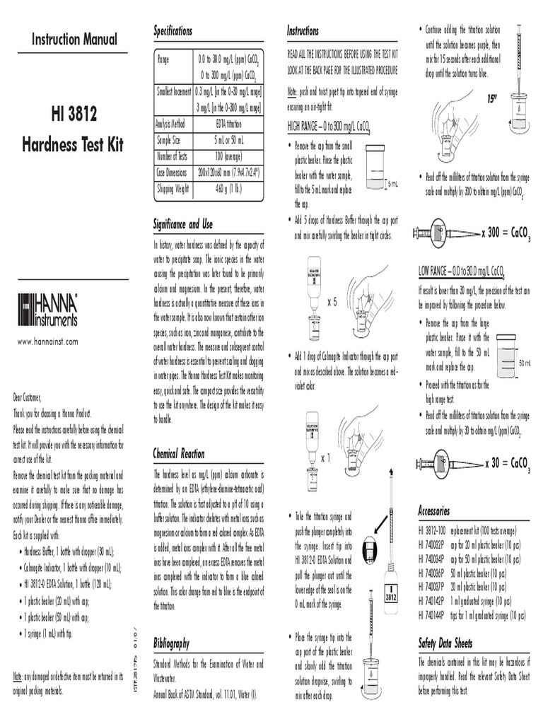 HI 3812 Hardness Test Kit: Instruction Manual | PDF | Titration | Chemistry