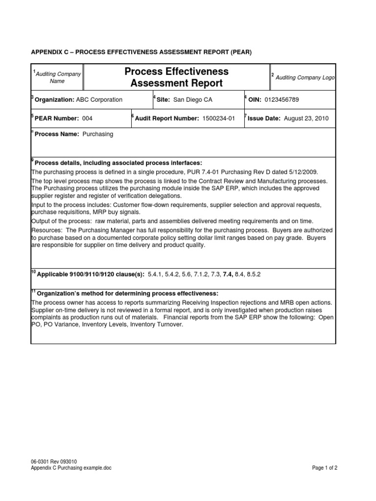 APPENDIX C PEAR - Purchasing Example | PDF | Audit | Production And ...