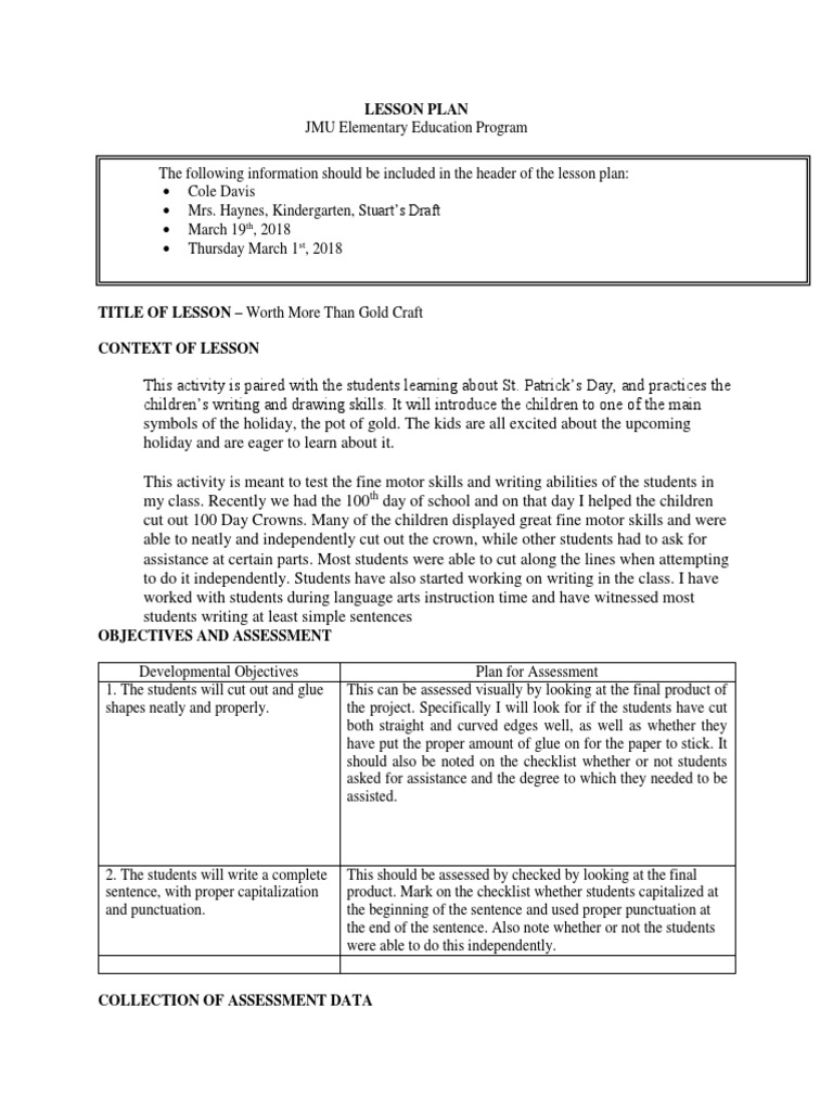 St. Patrick's Day Craft Lesson | PDF | Educational Assessment | Lesson Plan