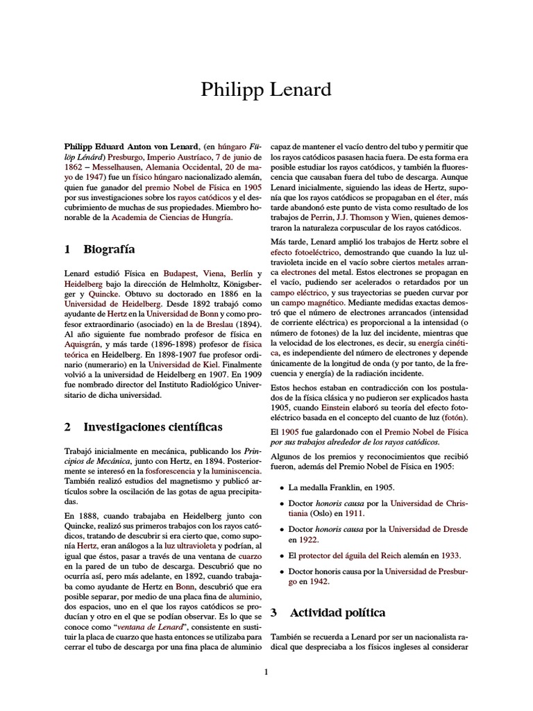 Philipp Lenard - Wikipedia | PDF | Electromagnetismo | Electricidad