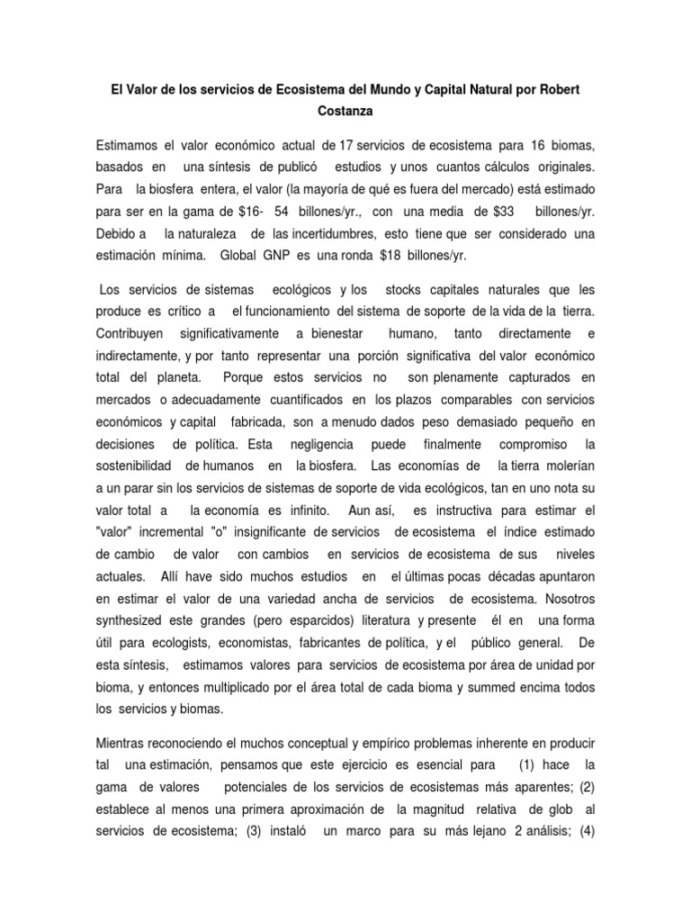El Valor de Los Servicios de Ecosistema Del Mundo y Capital Natural Por ...