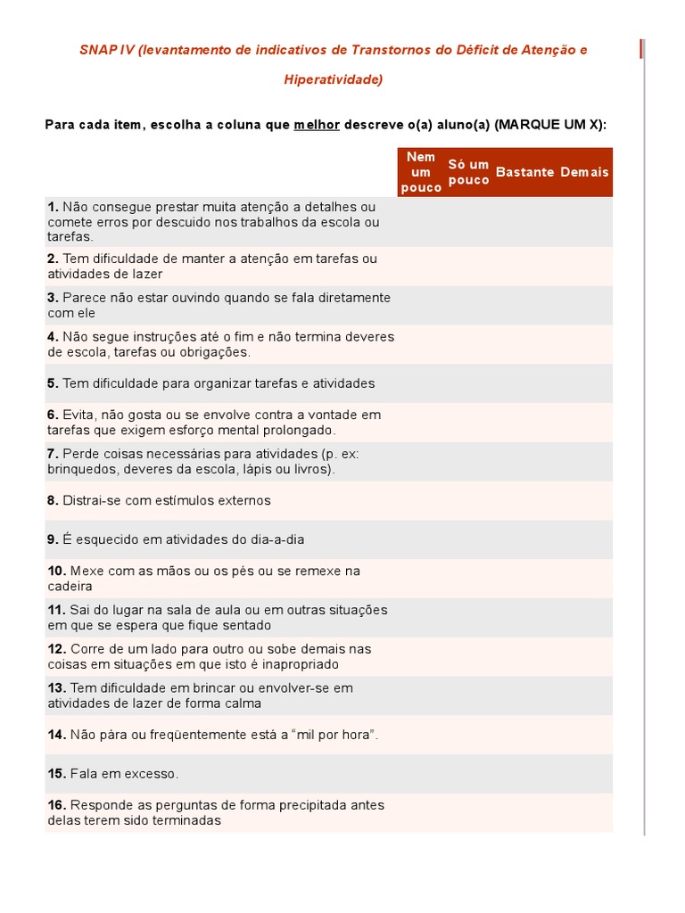 Snap IV - Tdah | Transtorno de Déficit de Atenção e Hiperatividade ...