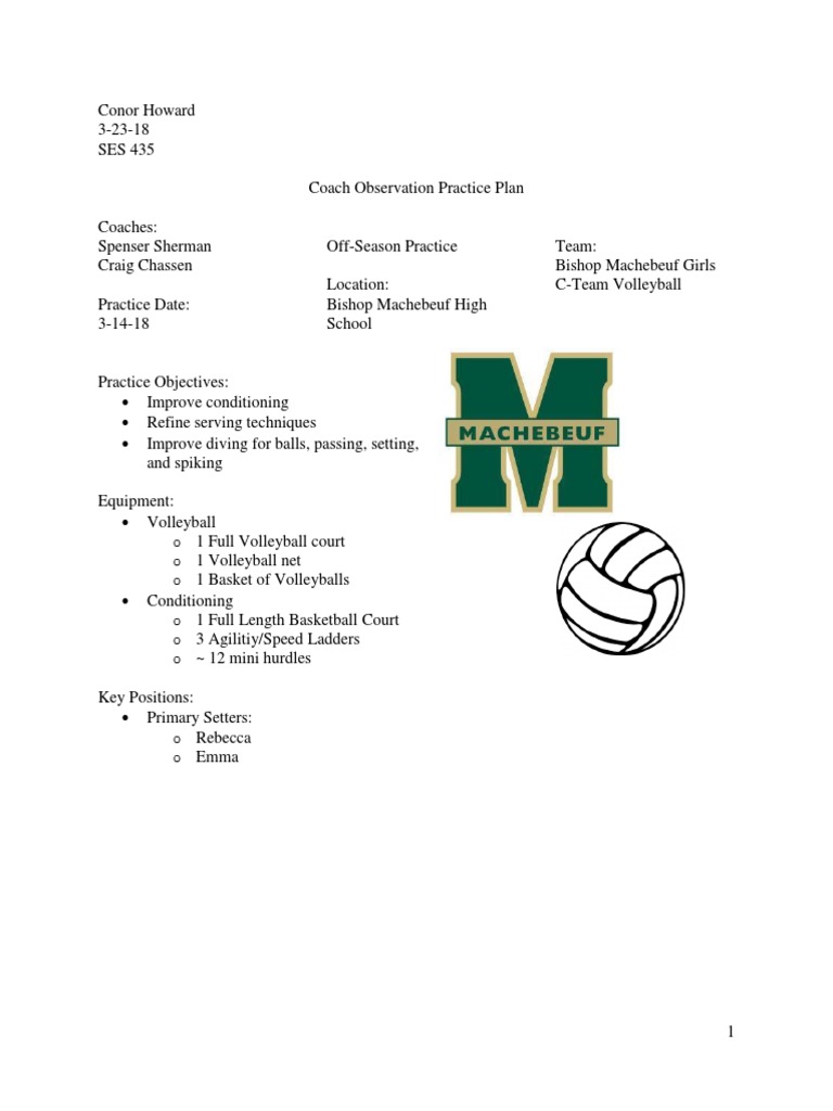 Ses 435 Coach Observation Practice Plan | PDF | Volleyball | Teams