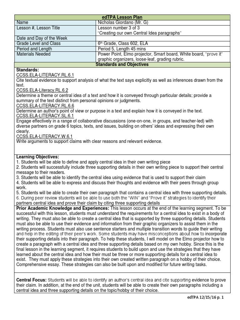 Edtpa Lesson Plan | PDF | Educational Assessment | Rubric (Academic)