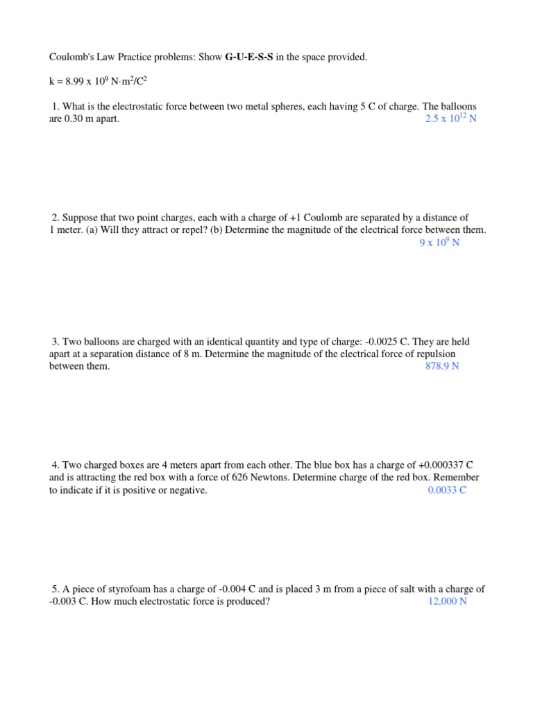 Coulomb's Law Practice Problems | PDF | Electric Charge | Electrostatics