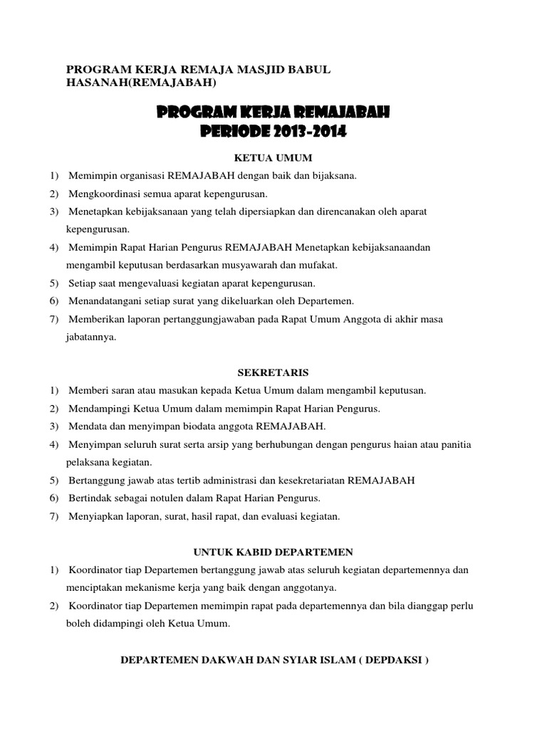 Program Kerja Remaja Masjid Babul Hasanah | PDF