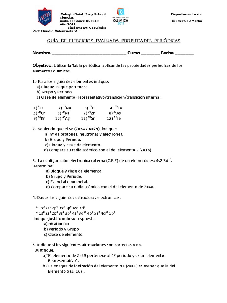 Guía de Ejercicios Evaluada Propiedades Periódicas | PDF | Elementos ...