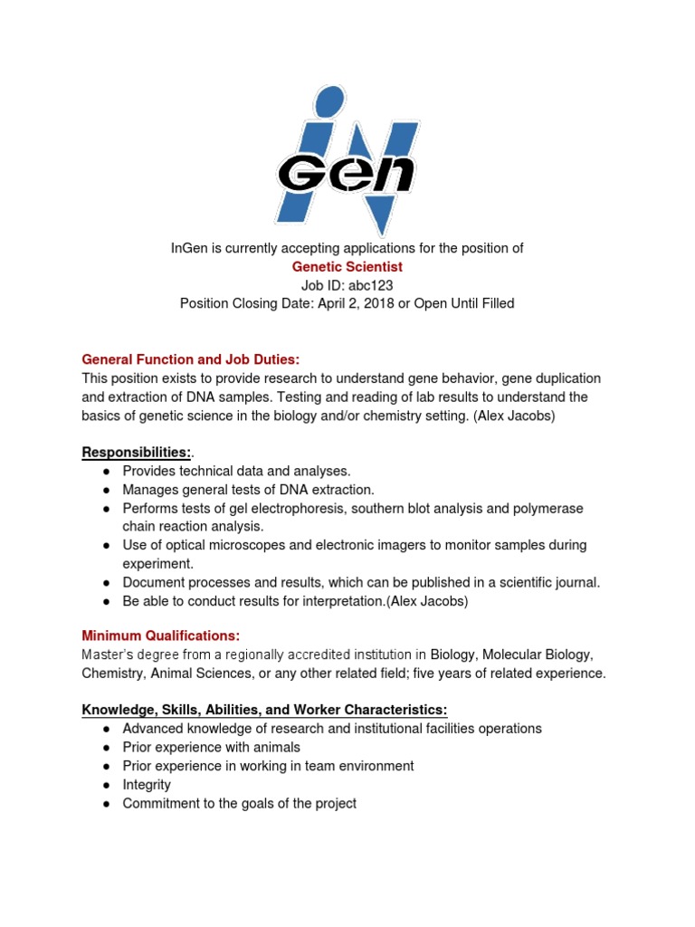 Ingen Job Description 2fapplication 1 | Download Free PDF | Genetics ...