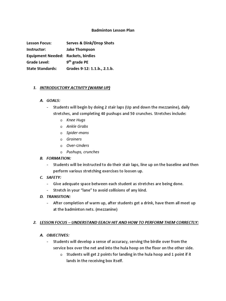 Badminton Lesson Plan | PDF | Lesson Plan | Education Theory