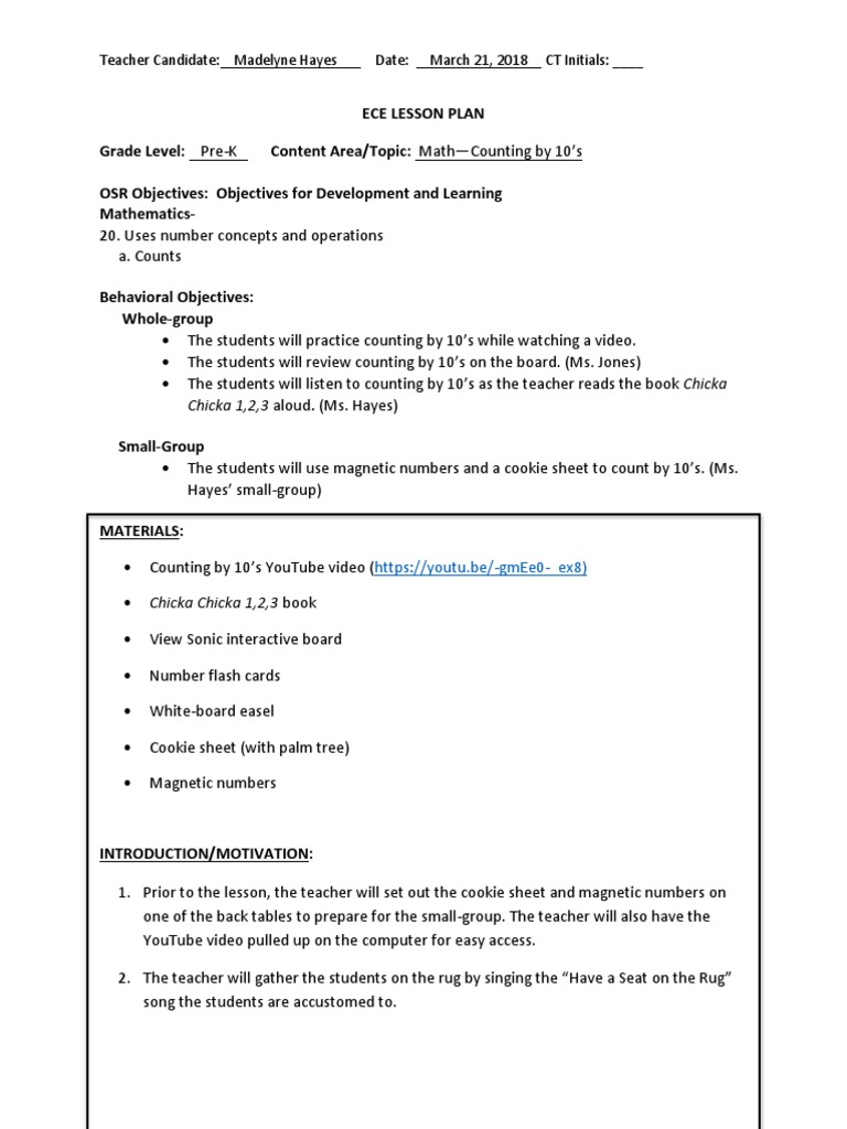 Ece Lesson Plan Grade Level: Pre-K Content Area/Topic: Math-Counting by ...
