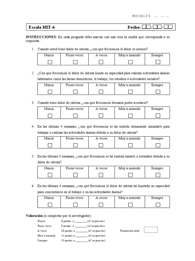 Escala - HIT6 Control de Cefalea en Los Pacientes | PDF | Migraña ...