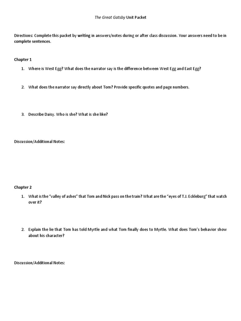 Great Gatsby Study Guide Packet | PDF | The Great Gatsby | Narration