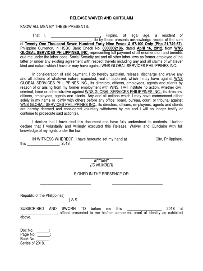 Quitclaim Sample | PDF | Philippines | Employment