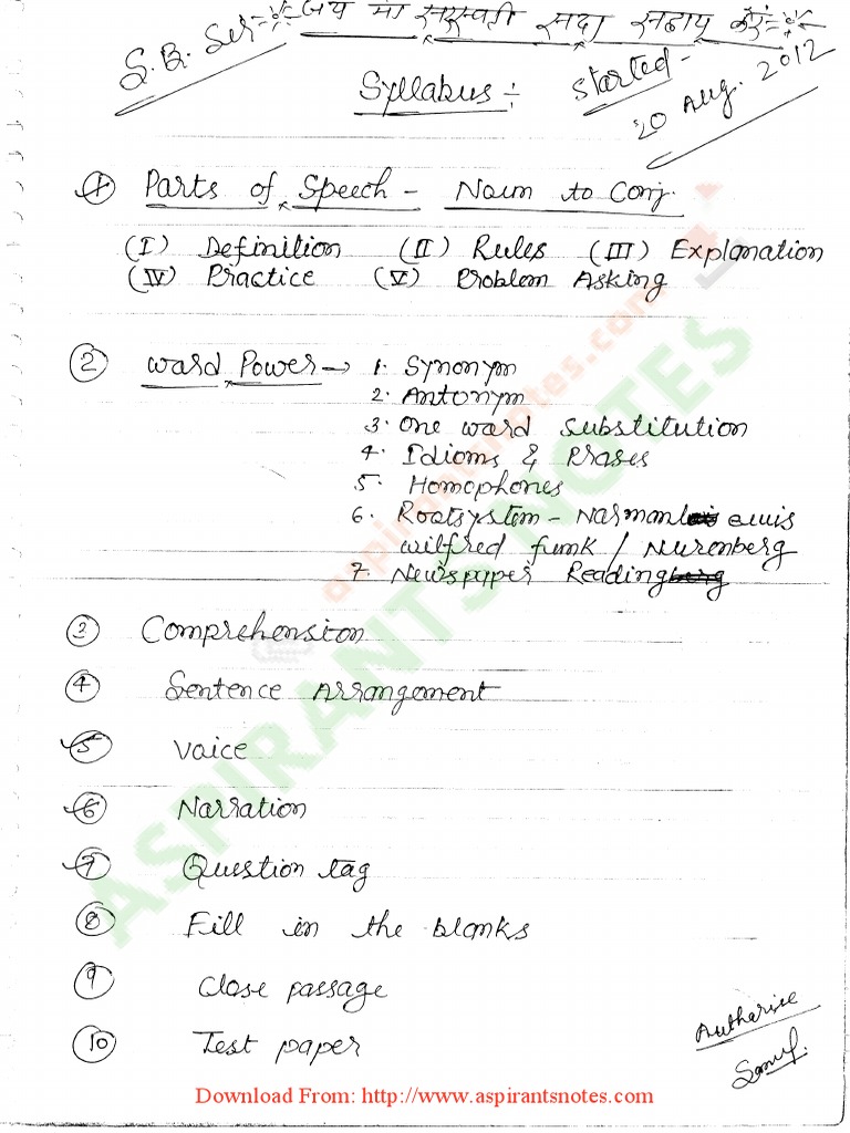 English Grammar Hand Written Notes by S.B. Sir PDF