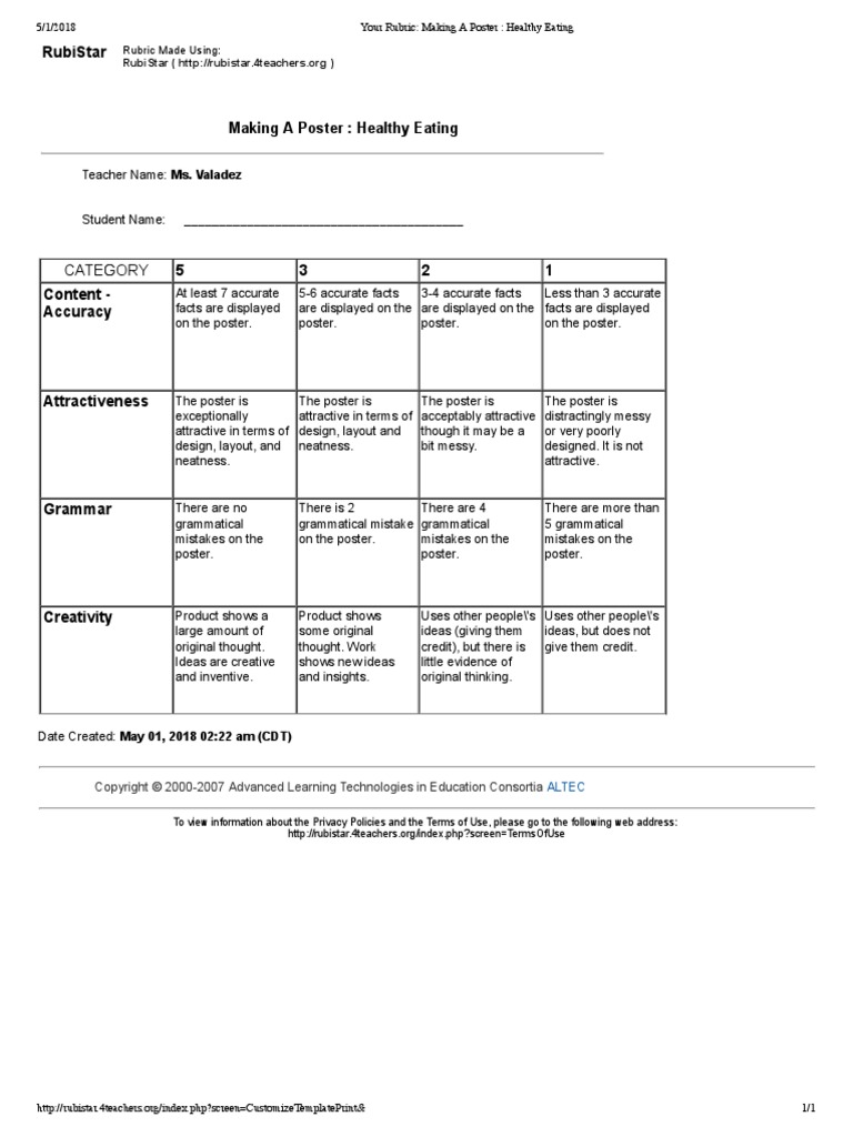 Your Rubric Making A Poster Healthy Eating | PDF | Behavior ...