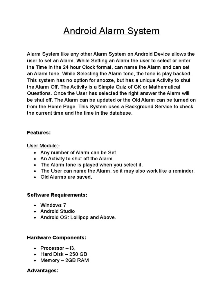 Android Alarm System: Features | PDF | Technology & Engineering