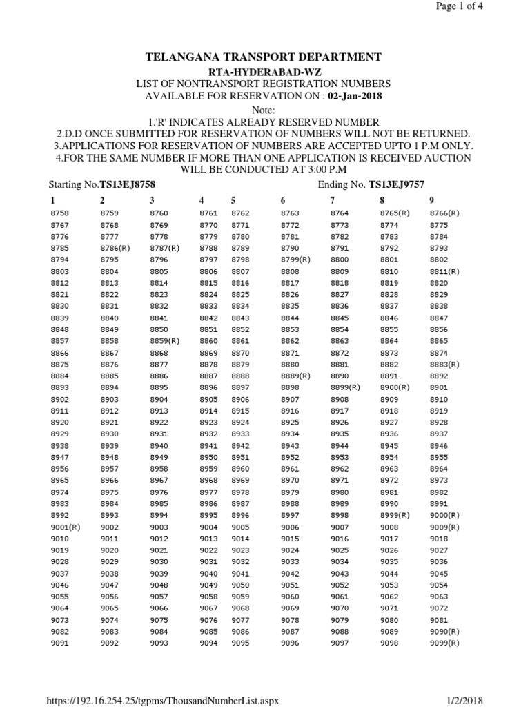 Telangana Transport Dept Non-Transport Numbers | PDF | Government ...