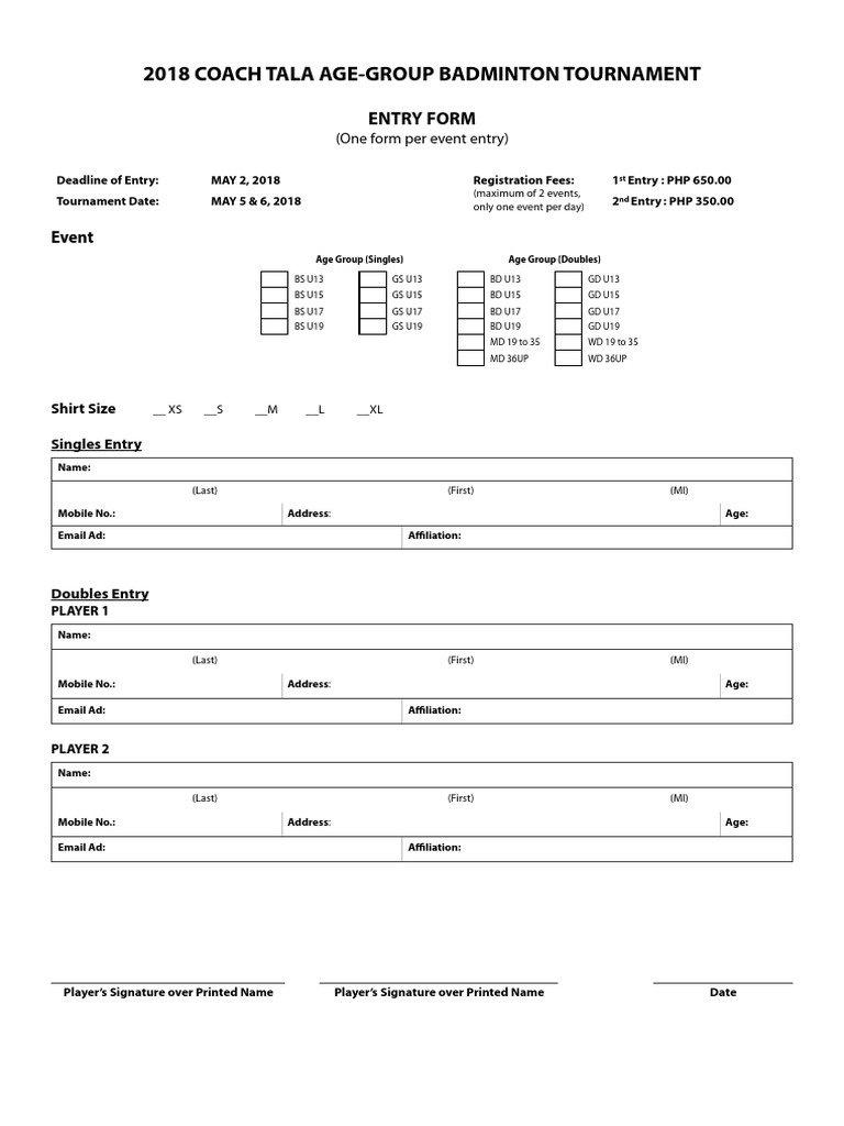 2018 Coach Tala Badminton Entry Form | PDF