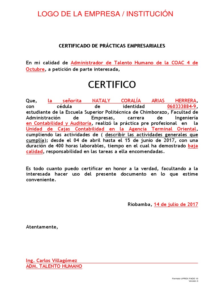 Formato Uprex Fade 10 Certificado de Practicas Pre Profesionales ...