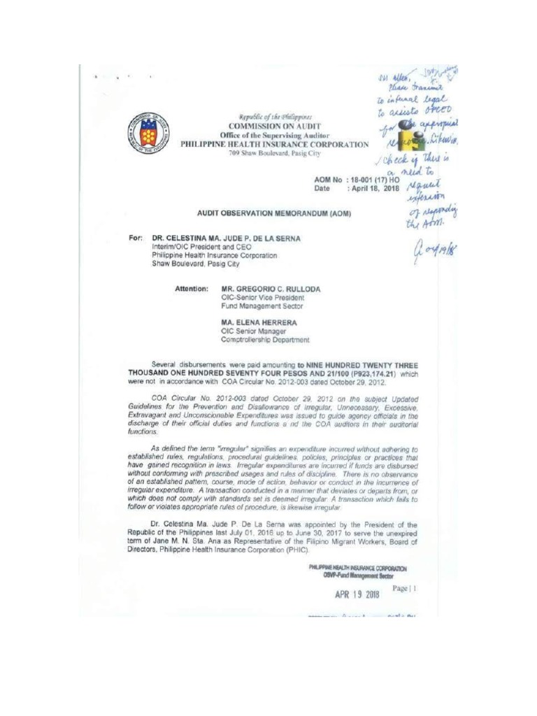 COA-Philhealth Audit Observation Memorandum | PDF