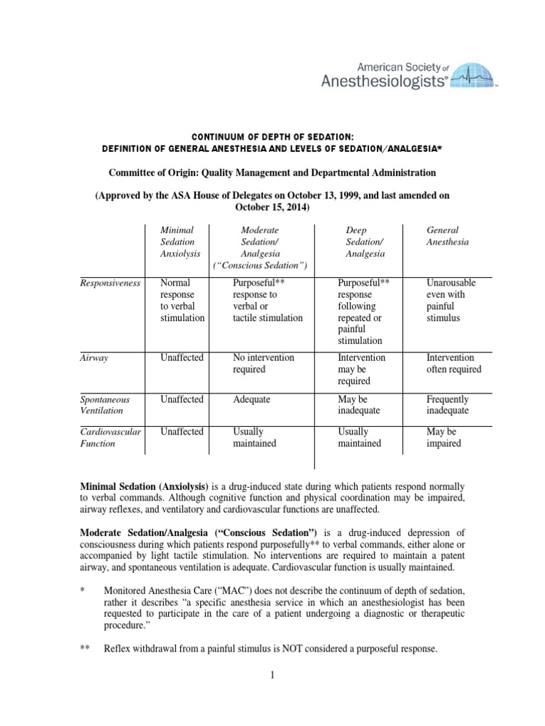 Continuum of Depth of Sedation Definitions | PDF | Anesthesia | Pain