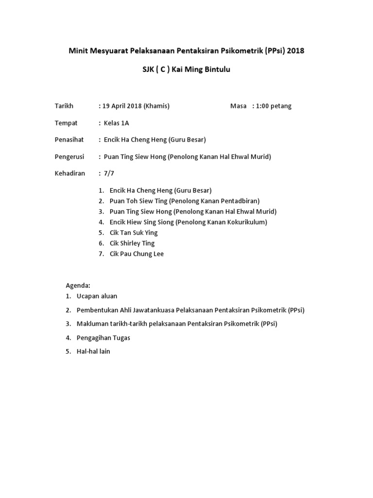 Minit Mesyuarat Pelaksanaan Pentaksiran Psikometrik | PDF