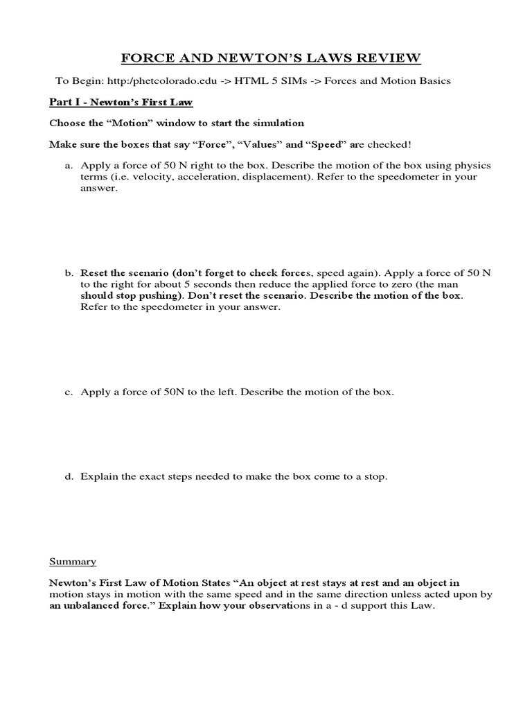 Phet Force and Newton's Laws Review | PDF | Acceleration | Force