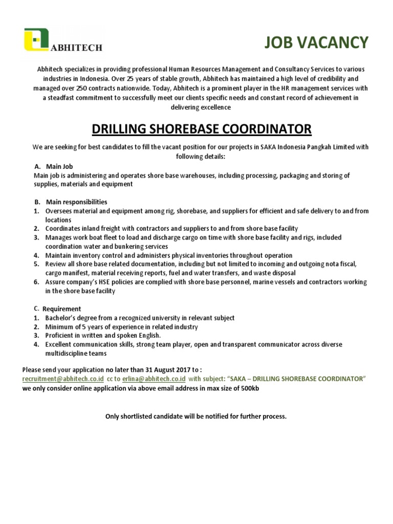 Drilling Shorebase Coordinator | PDF | Cargo | Supply Chain