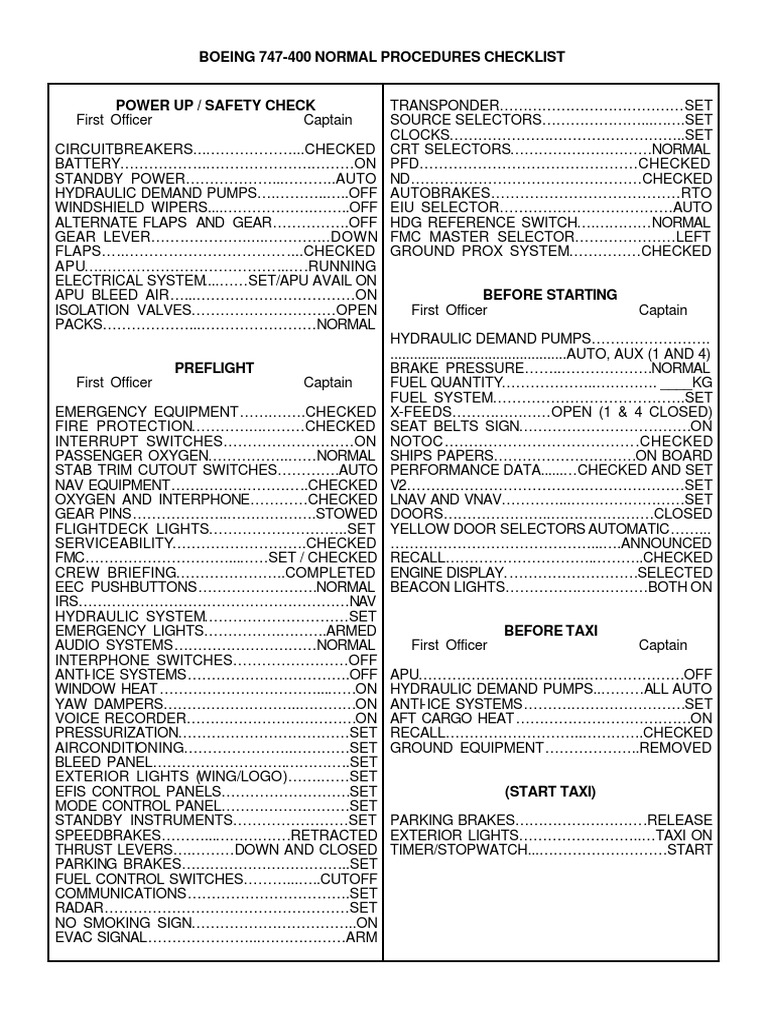 Boeing 747-400 Normal Procedures Checklist | PDF | Takeoff | Aviation ...